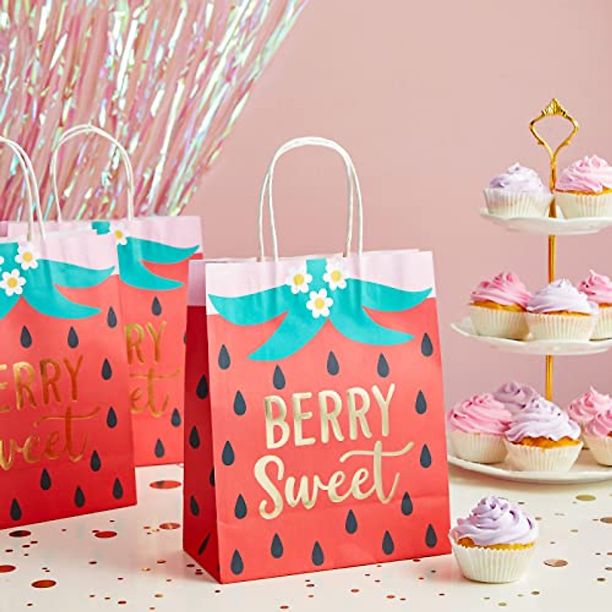 Sparkle and Bash Strawberry Gift Bags with Handles for Berry Sweet Birthday Party Favors (10 x 8 x 4 In, 24 Pack)