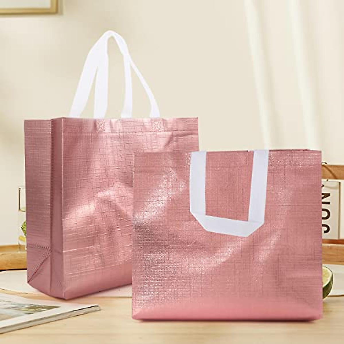 YHJZ 12 Pcs Reusable Gift Bags, Rose Gold Gift Bags Glossy Glitter Reusable Grocery Bag with Handle Non-woven Shopping Bags Tote Bag for Presents Bridesmaid Birthday Party Wedding (Rose Gold)