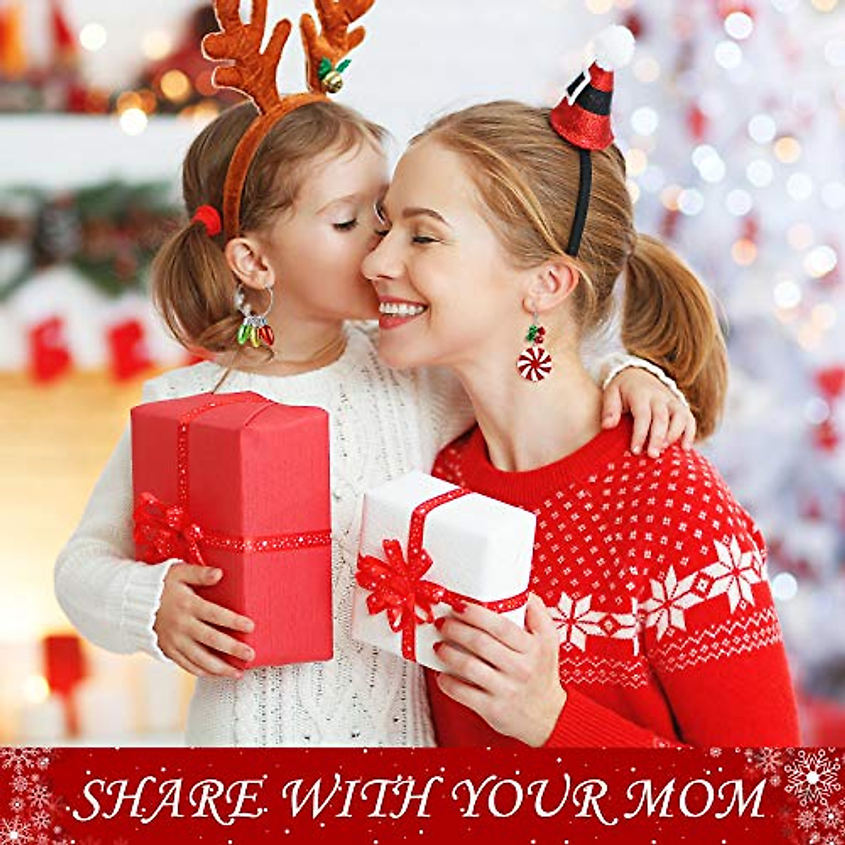 Hicarer 4 Pairs Christmas Dangle Earrings Set Christmas Tree Bell Light Bulbs Hoop Earrings for Holiday Women(Cute Style)