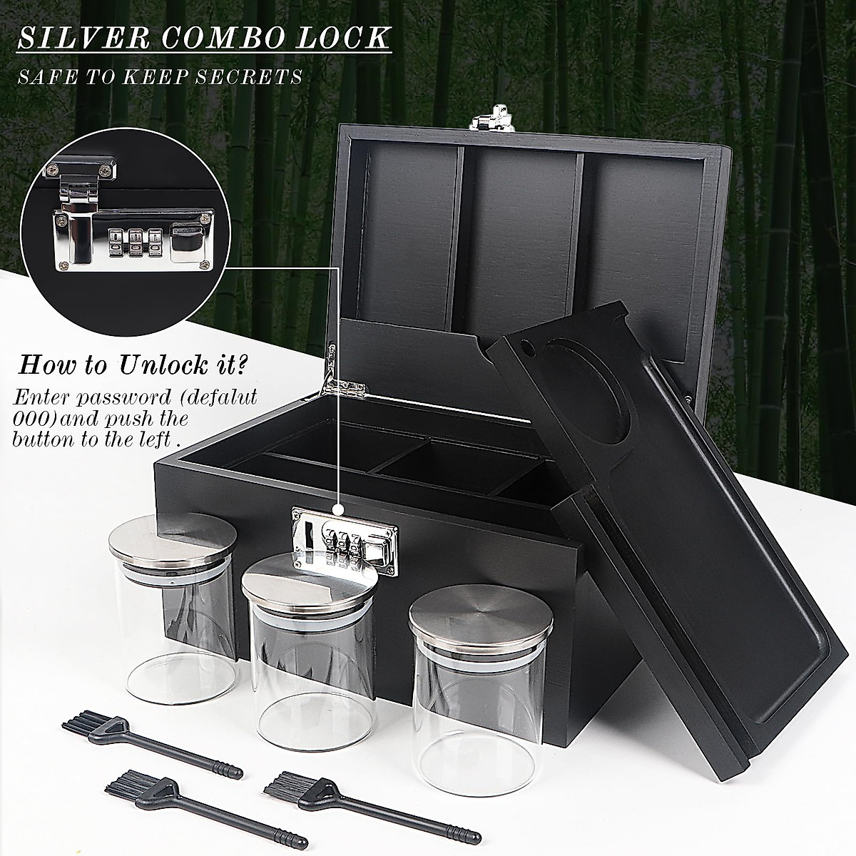 Wood Box with Lock,Bamboo Storage Box with Removable Tray and Jars,Decorative Box Set for Friends,Families.