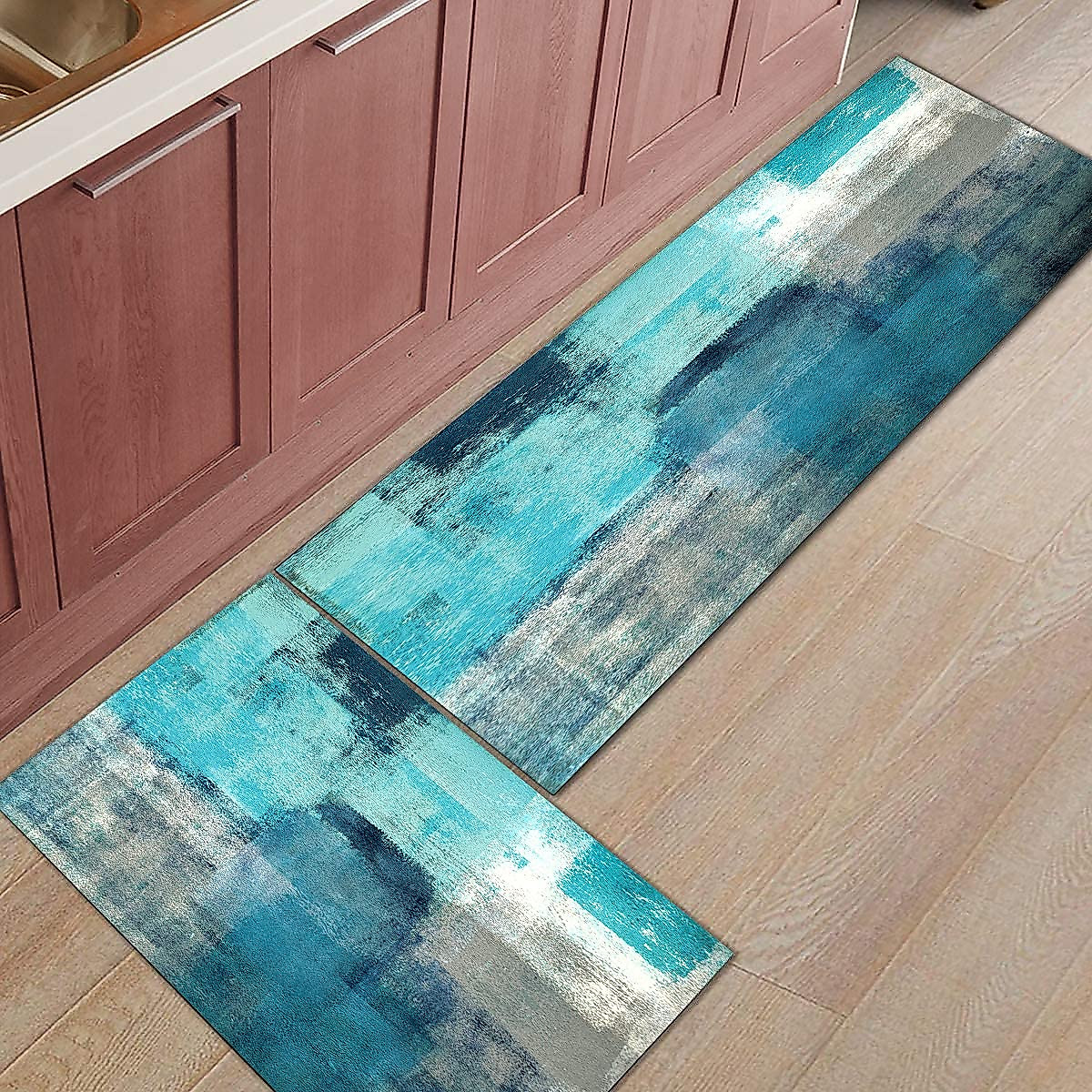 BrilliStar Kitchen Mat 2 PCS Teal Kitchen Rugs and Mats Turquoise and Grey Abstract Art Cushioned Anti-Fatigue Kitchen Rugs 17"X48"+17"X24" Kitchen Decor Non-Slip Kitchen Rug Set for Kitchen Floor