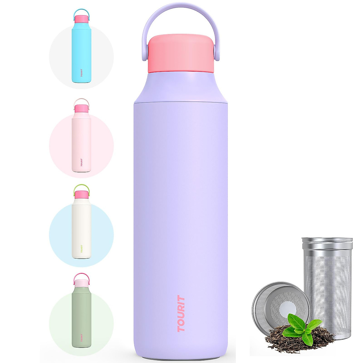 TOURIT 20 oz Insulated Water Bottle, Stainless Steel Water Bottles With Ice Strainer, Double-Wall Thermos Water Bottle, BPA Free Leakproof Thermos Bottle for Sports and Travel, Violet Mist