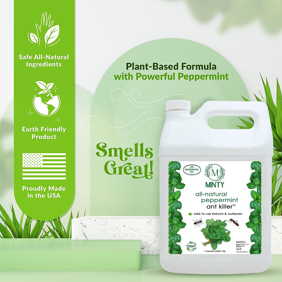 Minty Ant Killer - Natural 5% Peppermint Essential Oil Spray for Bugs, Ants and Insects - Safe for Indoor & Outdoor Use Repellent Spray 128 Fl Oz Gallon Trigger Sprayer