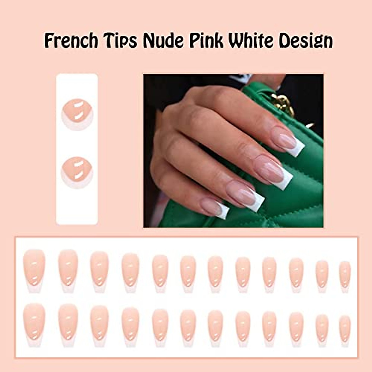 ANDGING Press on Nails Short Medium Coffin, French Tip for Women with Nude Pink White Design, Full Cover Glue on Nails, Reusable Nails Press on Stick on Nails for Christmas 24Pcs
