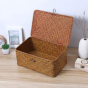 BESPORTBLE Rattan Storage Basket, 11 x 7 x 4. 9Inch Woven Rectangular Seagrass Rattan Basket with Lid and Button- Rectangular Rattan Basket for Shelf Organizer Makeup Organizer