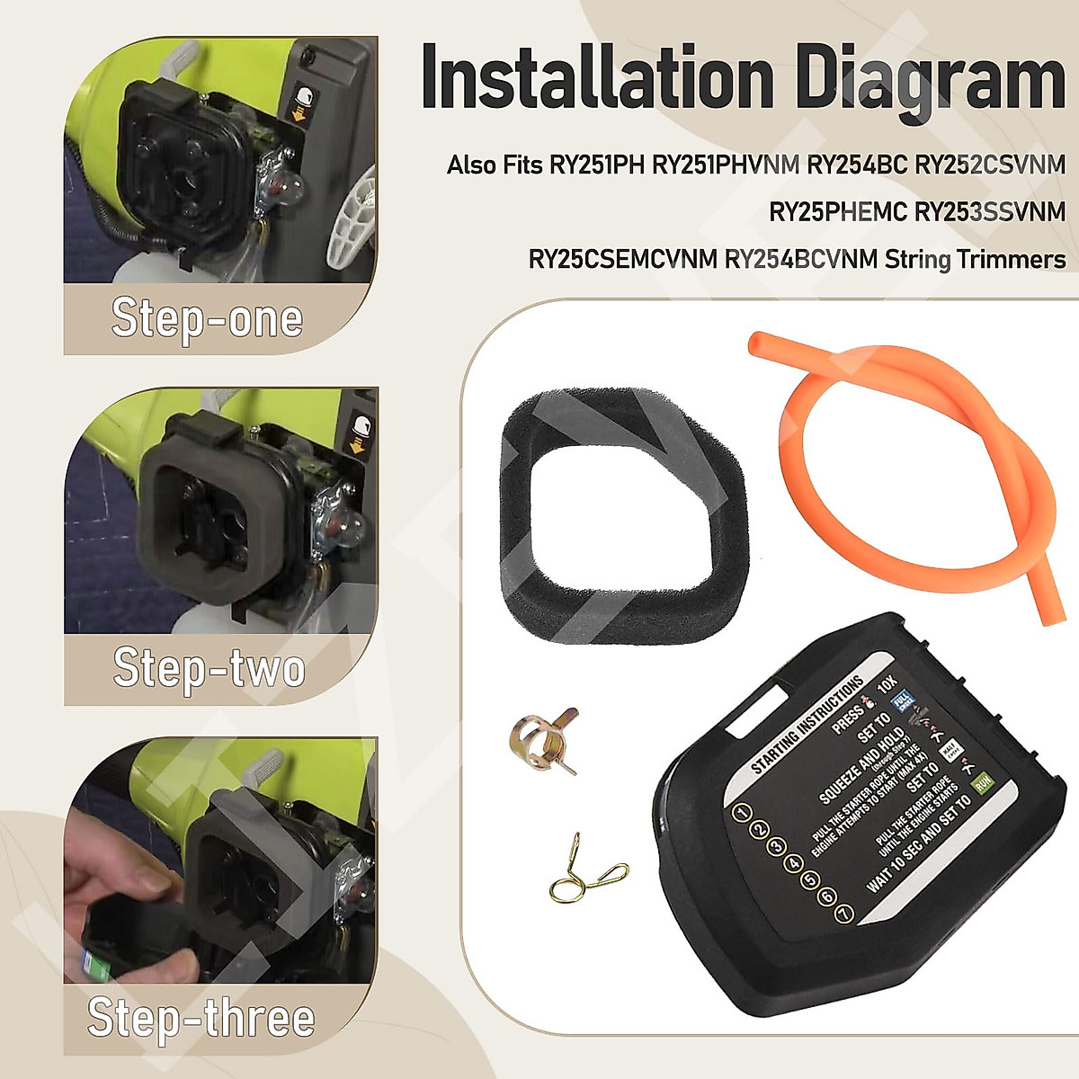 308649003 Air Filter w/Labels & 5687301 Cover Compatible with Ryobi RY251PH RY252CS RY253SS RY254BC 25CC String Trimmer - Contain oil tube