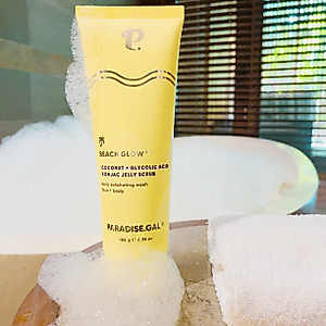 Gentle Exfoliating Scrub for Face & Body by ParadiseGal - Korean Skincare Set with Coconut & Glycolic Acid Jelly Scrub + Konjac Sponge & Bag - Ideal for Smoothing Rough Skin, KP, Cellulite