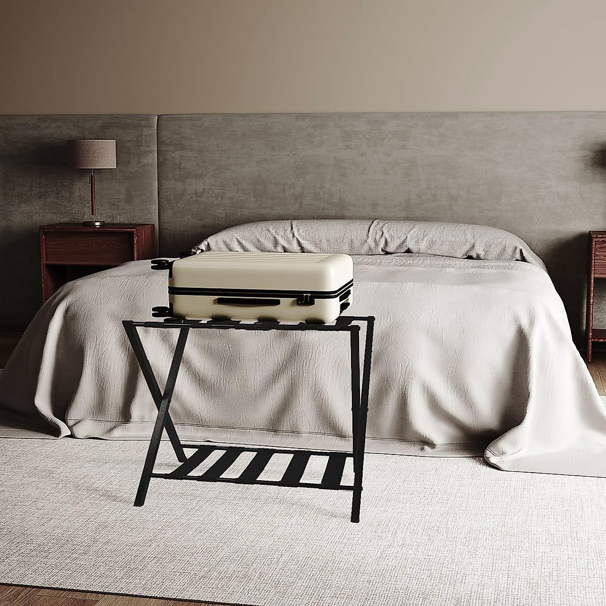 H-A Folding Luggage Rack Suitcase Stand with Storage Shelf for Guest Room Bedroom Hotel, Black (1 Pack)