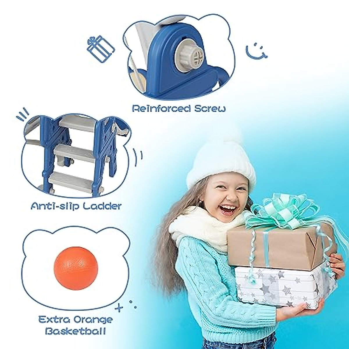 Elesuli 4in1 Toddler Swing and Slide Set Kids Indoor Slide Swing Climber with Basketball Hoop Kid Child Playset Inside Playground Birthday Outdoor Backyard Blue