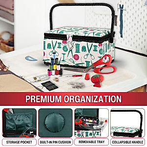 SINGER 07271 Basket with Sewing Notions Kit & Removable Tray-Vintage Spools, Tan