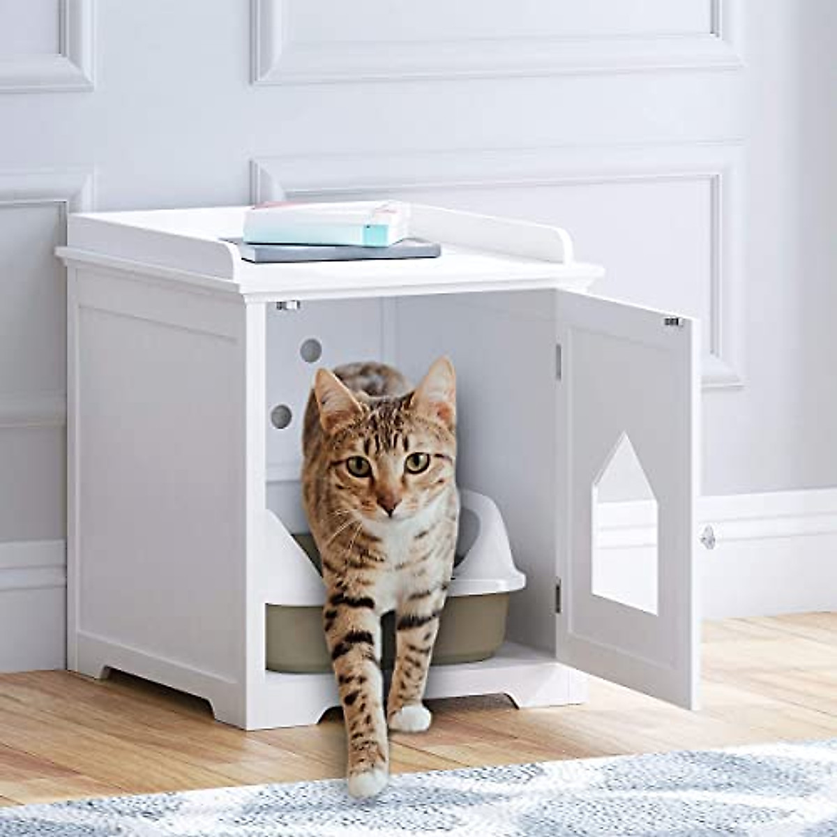 PAWLAND Cat Litter Box Enclosure, Cat House Side Table,Night Stand Pet House, Indoor Cat House, White