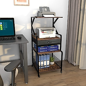 Zuyachuza 4 Tier Mobile Printer Stand with Drawer, 4-Shelf Printer Table with Wheels and Storage, Printer Cart with Storage Shelves for Home Office