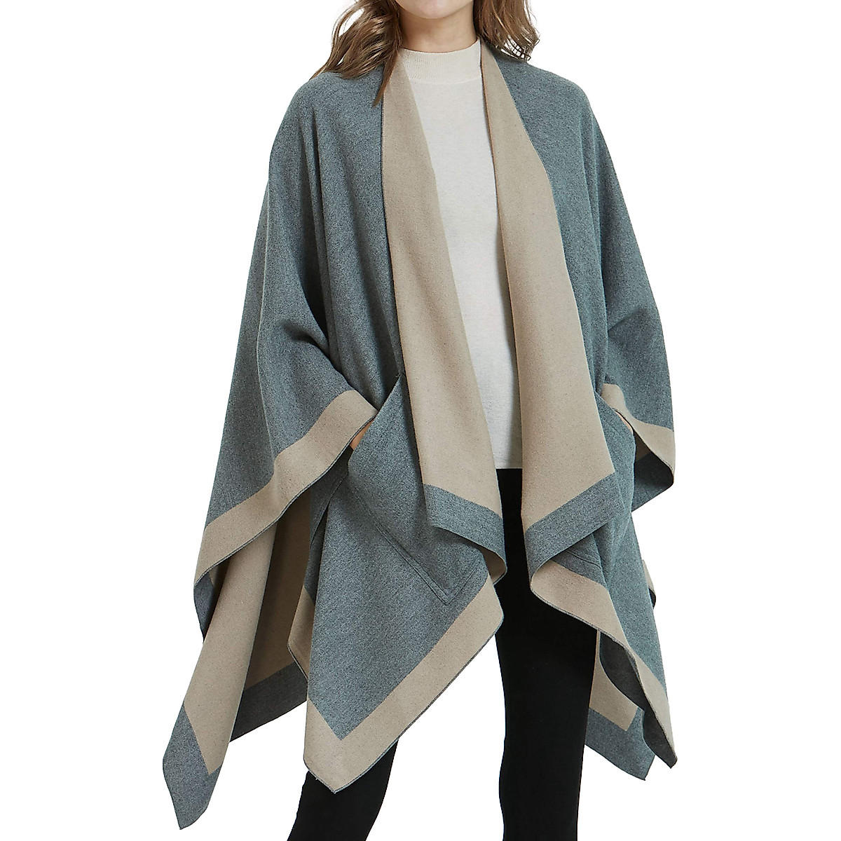 ecoinway Shawl Travel Wrap Poncho Cardigan Gift Tone Scarf Pocket Cape 4 All Seasons Gray Beige¡­