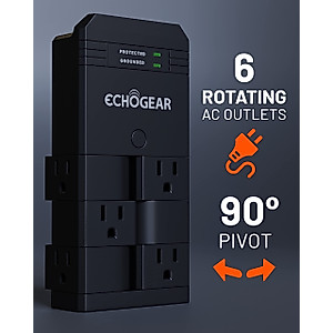 ECHOGEAR Wall Outlet with Surge Protection - Power & Protect 8 Devices with 6 Rotating AC Plugs & 2 USB Ports - Includes 1x USB-C Port & 1x USB-A Port - Black