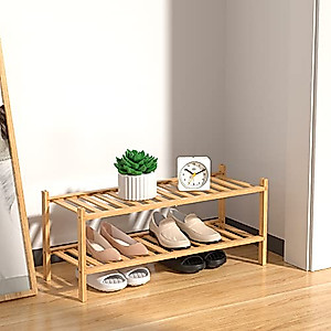 RONGJIA 2-Tier Natural Bamboo Shoe Rack - Stackable Storage Shelf with Multi-Function Combinations - Free Standing Shoe Racks for Convenient Shoe Organization（Natural） 11" D x 27" W x 13" H