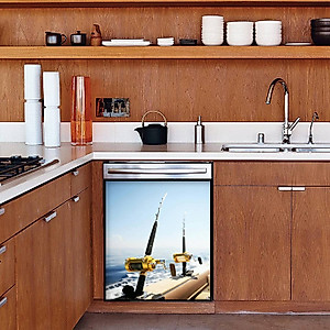 Dishwasher Magnet Cover Ocean Fishing Reel on Boat Magnetic Refrigerator Stickers Decorative Appliance Cover Fridge Panels Metal Door Garage 23"Wx26"H