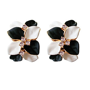Navachi 18k Gold Plated White Crystal White Black Enamel Leaves Flower Az1141 Omega Back Earrings