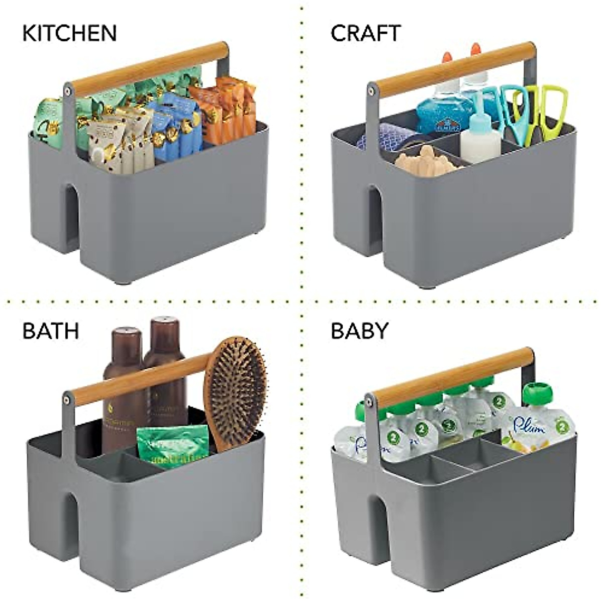 mDesign Plastic Portable Storage Organizer Kitchen Caddy Tote, Divided Bin with Wood Handle for Napkins, Silverware, Forks, Knives, Spoons - Store in Cabinets, Countertops - Charcoal Gray/Natural