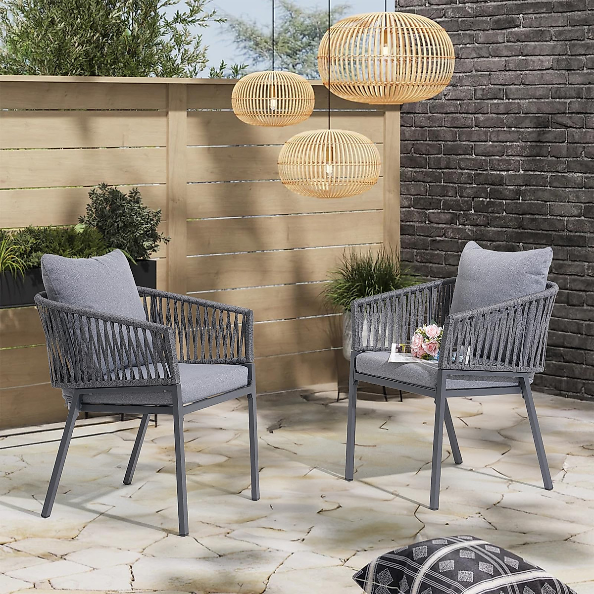 SUNSITT Patio Dining Chairs Set of 2, Outdoor Aluminum Dining Chairs with Woven Rope, All-Weather Patio Arm Chairs w/Cushions, Porch, Garden and Deck, Dary Grey