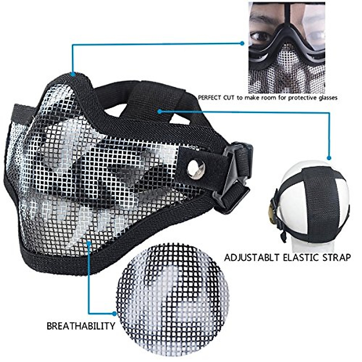 Airsoft Mask and Goggles - Airsoft Half Lower Face Mask Steel Metal Mesh for BB Gun/CS Game/Paintball/Shooting/Cosplay - Anti-UV Adjustable Combat Tactical Military Goggles for Men Women Kids