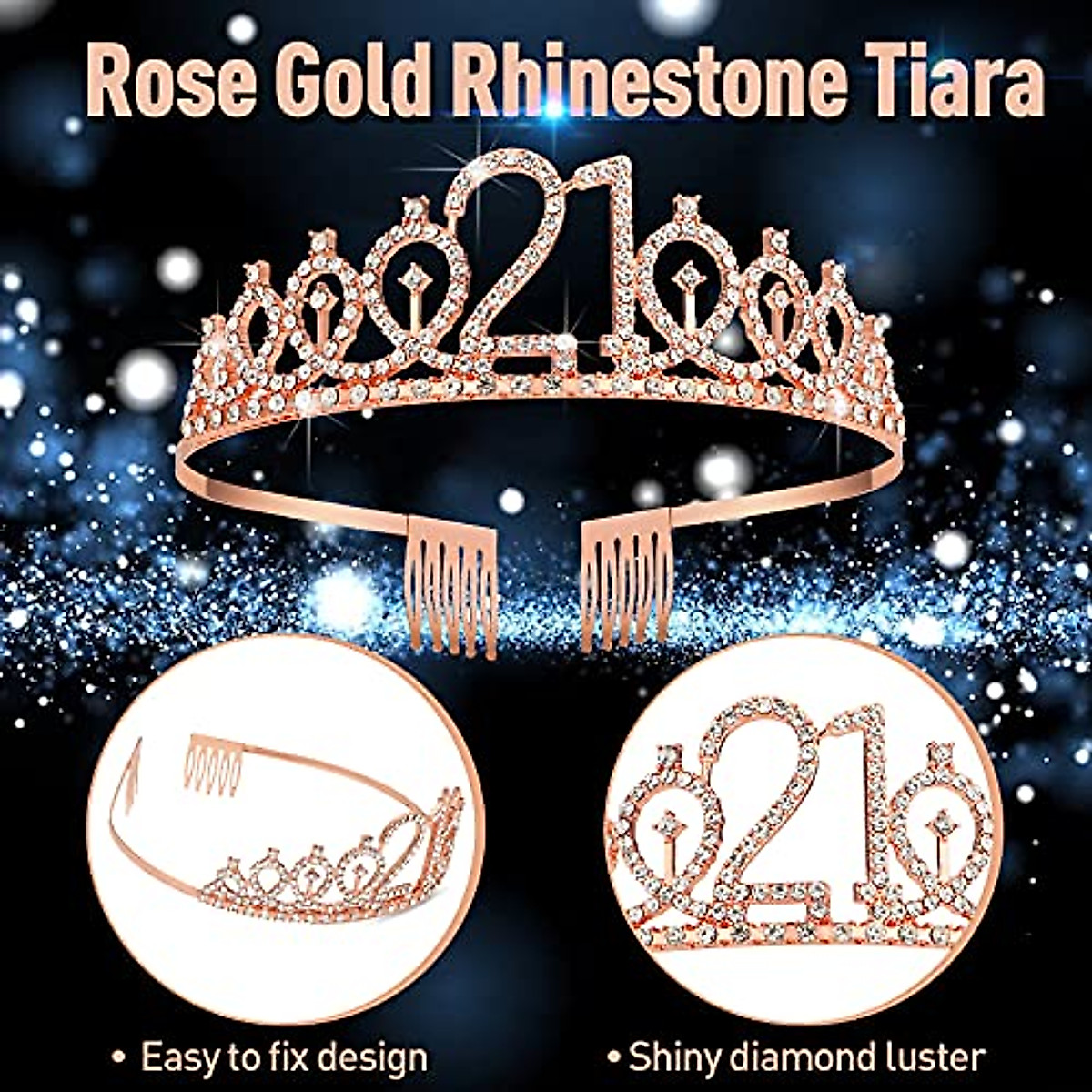 Finally 21 Sash Rhinestone Tiara Set 21st Rose Gold Birthday Sash Crown Birthday Candles Birthday Crown Kit for Women 21st Birthday Party Decoration Anniversary Celebration Supplies
