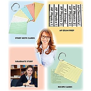 300 ruled index cards with rings (3" x 5") in 6 colors, with storage box. Ideal for students, teachers, note-taking, and language learning. Made in USA.