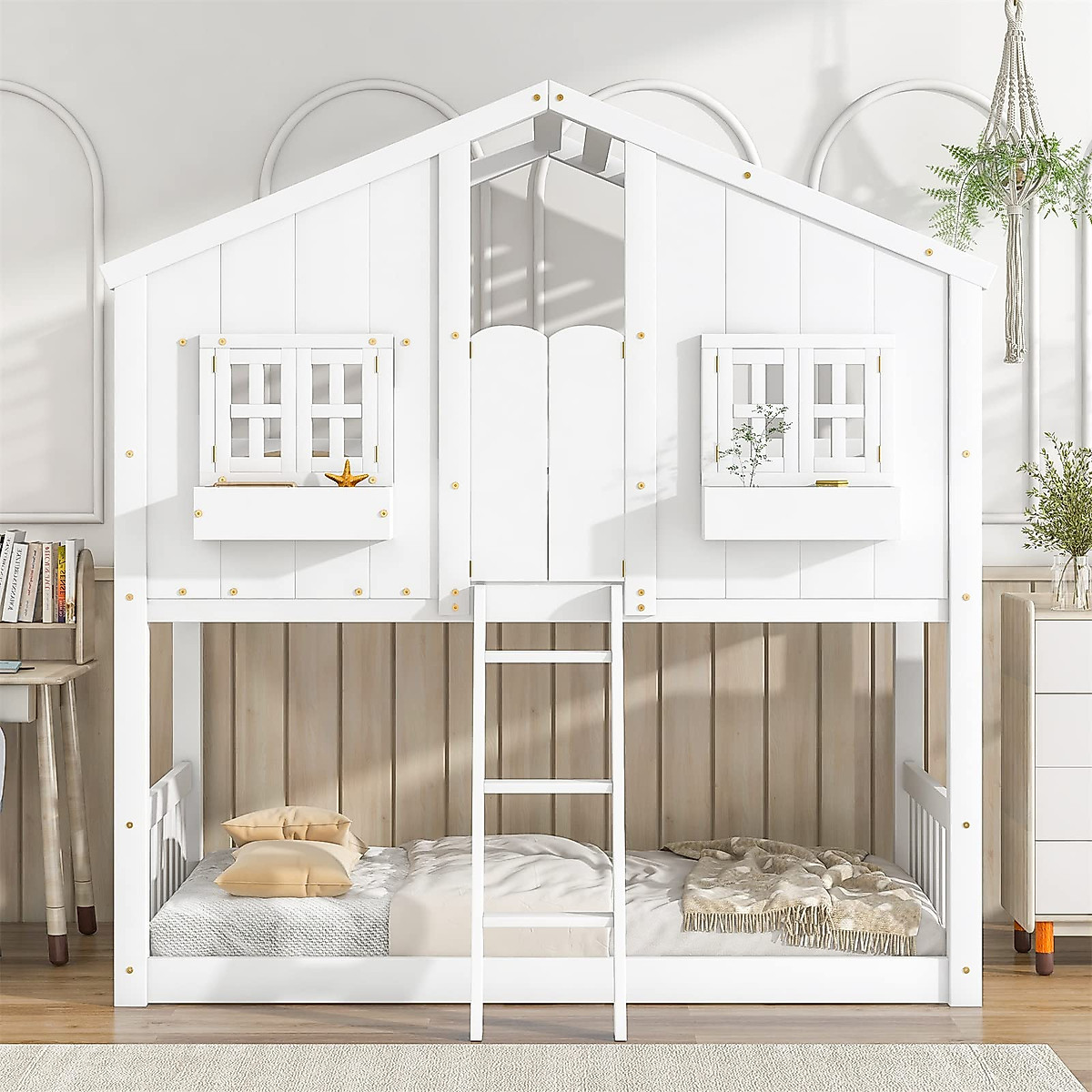 Bunk Bed Twin Over Twin with Roof, Wood House Bunk Bed with Door, Windows, Twin Bunk Bed Frame with Heightened Guardrails and Widen Ladder for Boys Girls, 81.7" L x 57.8" W x 86.9" H, White