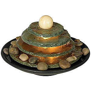 Pyramid Modern Zen Indoor Tabletop Water Fountain with Light 10" High 4 Tiered Feng Shui Ball River Rocks for Table Desk-Top Home Office Bedroom House Living Room Relaxation - John Timberland