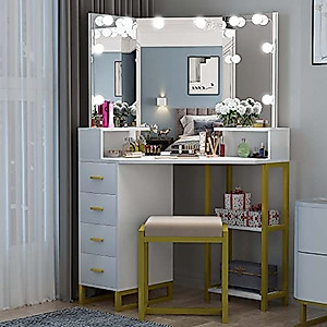 PAKASEPT Corner Vanity Set with Three-Fold Mirror & Light Bulbs, Women Makeup Desk with 4 Storage Drawers for Small Spaces, Bedroom