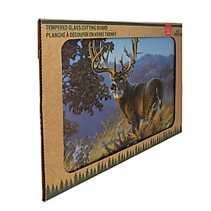 Rivers Edge Products Large 12in x 16in Decorative Tempered Glass Cutting Board, Hypoallergenic, Non Slip, Textured Surface Chopping Board for Kitchen, White Tail Deer, Deer