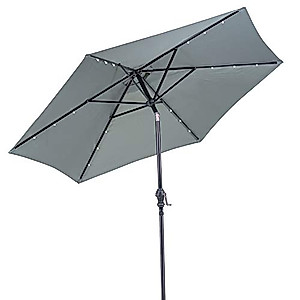 Sun-Ray 811035 9' Round 6-Rib Solar Lighted Patio Umbrella, 18 LED Lights, Crank and Tilt, Steel Frame, Grey