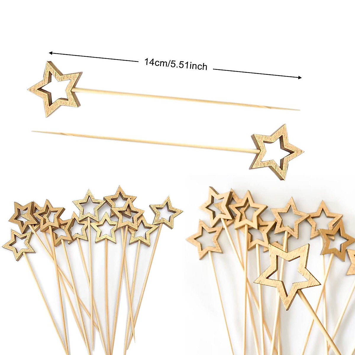 Jiooil Bear Gold Star Bamboo Cocktail Picks, 5.5 Inch Long Decorative Toothpicks Skewers for Appetizers, Fruits and Drink Garnish, Holiday Birthday Party Decorations 50 PCS