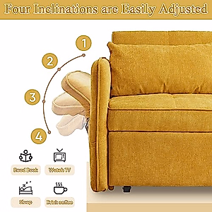 Antetek 3 in 1 Convertible Sleeper Sofa Bed, Modern Chenille Loveseat Futon Sofa Couch w/Pullout Bed, Reclining Backrest, Adjustable Arm, Pillows, Small Love Seat Lounge Sofa for Living Room, Yellow