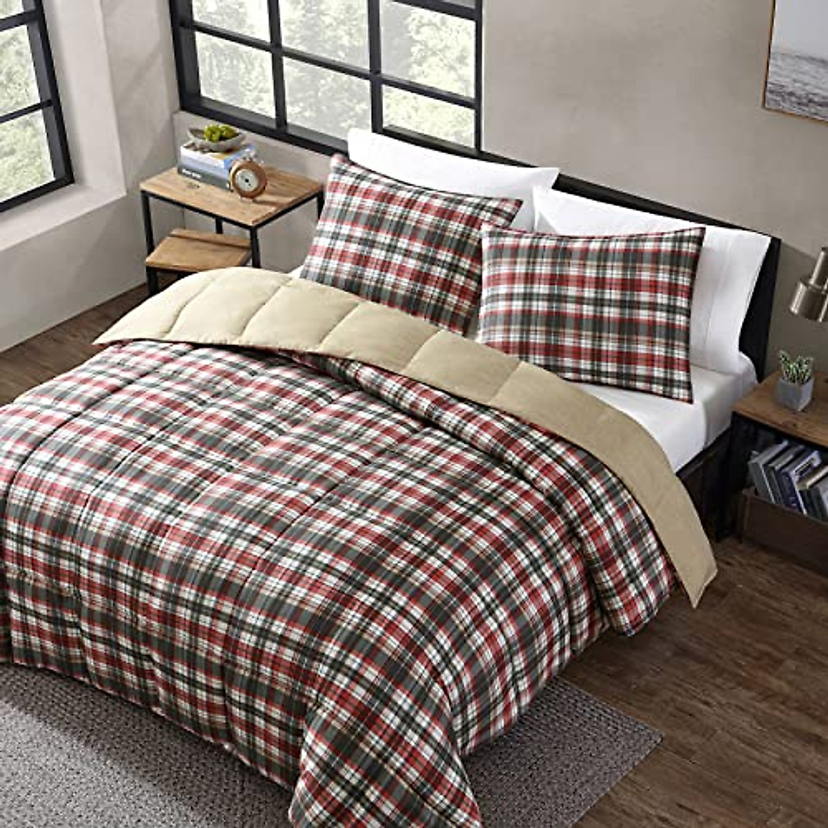 Eddie Bauer - King Comforter Set, Reversible Plaid Alt Down Bedding with Matching Shams, Home Decor for Colder Months (Astoria Red, King)