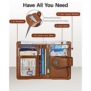 BOSTANTEN Women Leather Wallet Small RFID Blocking Bifold Zipper Pocket Wallet Card Case with ID Window Brown