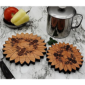 Honey Bees on a Flower Trivet- Hand Crafted in The USA From Solid Cherry Hardwood (6 Inch)