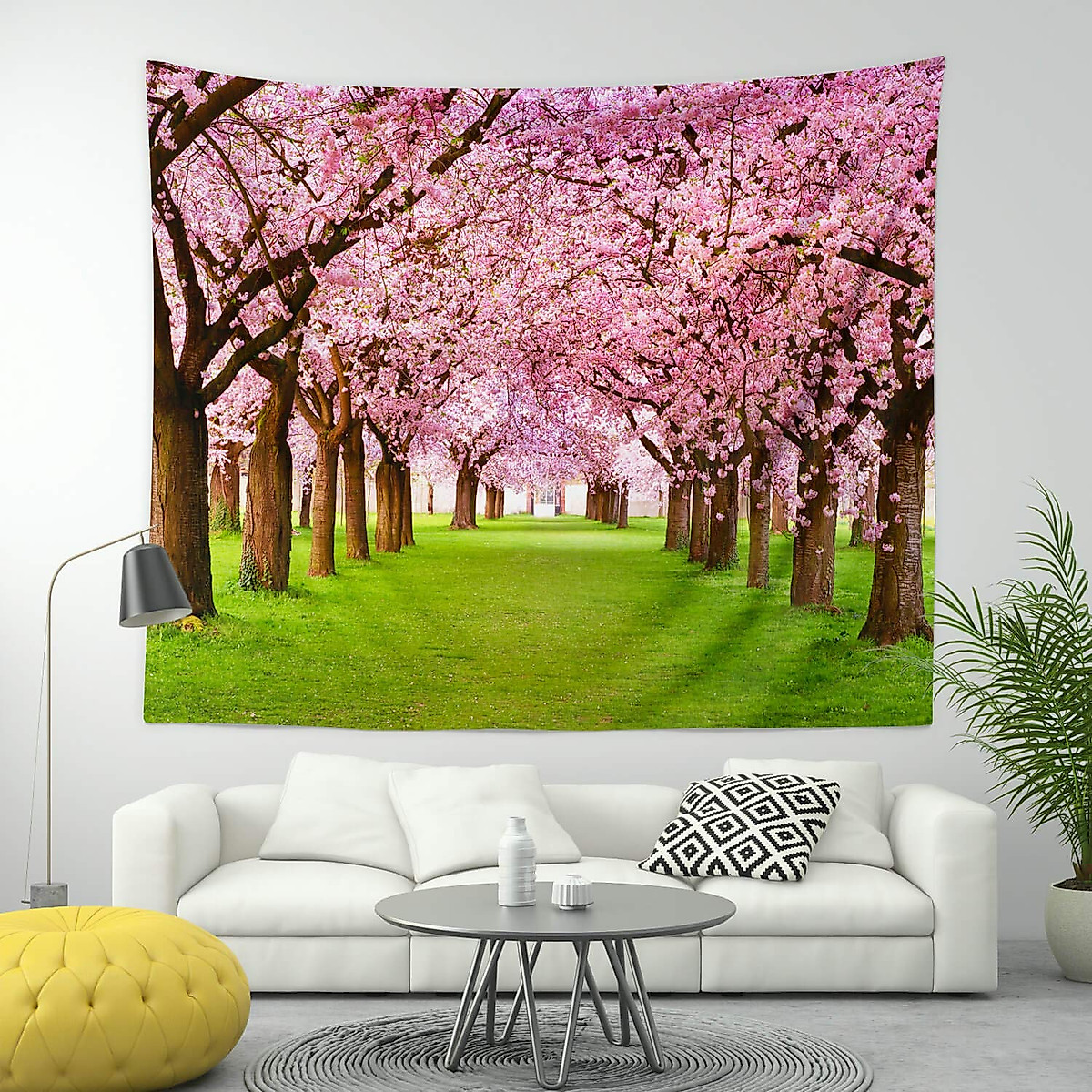 BROSHAN Pink Flower Tapestry Wall Hanging, Nature Floral Bedroom Tapestry Small - Cute Cherry Flowers Trees Garden Scenic Tapestries for Living Room Home Office Dorm Fabric Wall Art Blanket