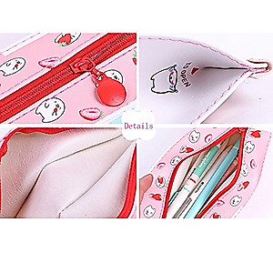 Pack of 2 Cute Pencil Case Box Leather Pencil Holder Pen Pouch Stationery Organizer Cosmetic Bag with Zipper (Blue and Pink Milk) (pinkblue) (Milk2)