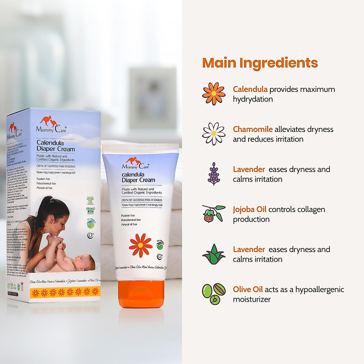 Mommy Care Organic Baby Diaper Rash Cream - Calendula Natural Organic Gentle Baby Diaper Cream Paste 80ml/2.7oz Soothing, Prevents Rash for Newborns & Infants