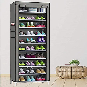 GreensTion-S 10-Tier Shoe Rack with Dustproof Cover 30 Pair Shoe Organizer Shoe Rack Tower Zippered Storage Shoe Cabinet Ideal for Hallway Corridor [3-6 delivery Days] (Gray)