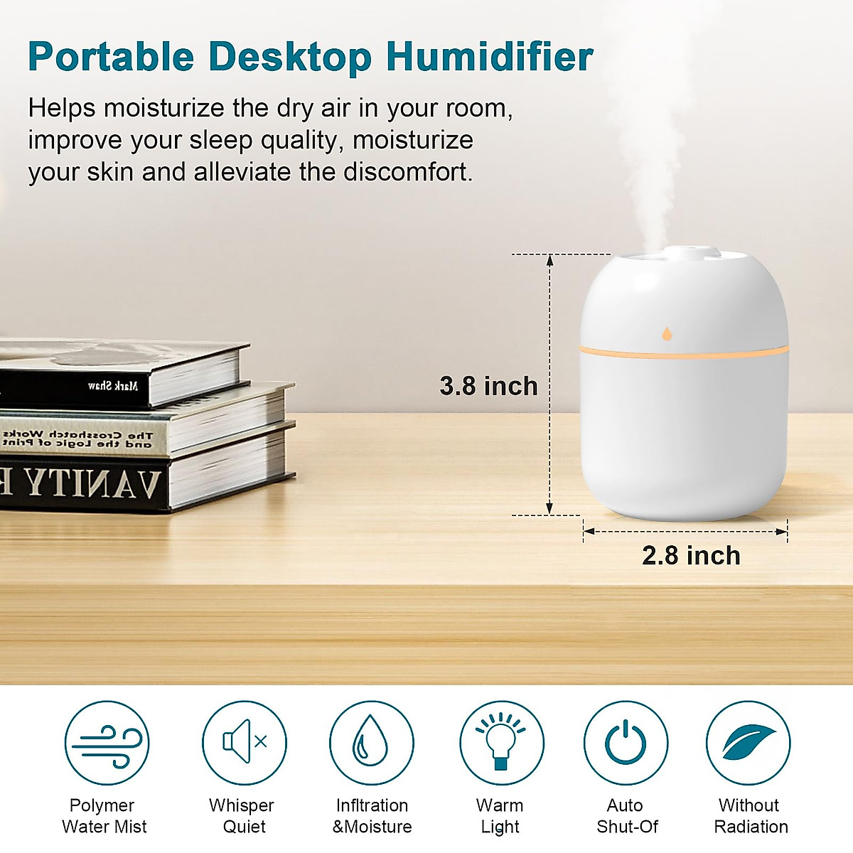 Portable Small Humidifier, USB Personal Desktop Humidifier for Car, Office Room, Bedroom, Auto Shut-Off, 2 Mist Modes, Super Quiet(220ml, White)