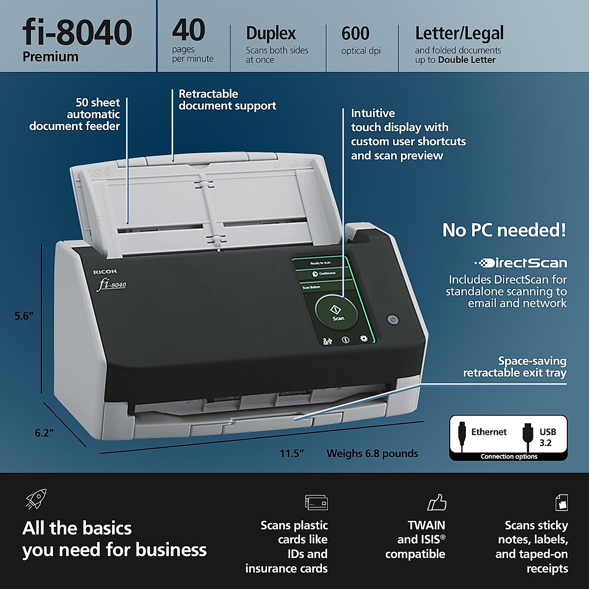 RICOH fi-8040 Premium Fast Front Office & Desktop Document, Receipt, ID Card Scanner with 50 Page Auto Feeder and PC-Less DirectScan Network Scanning Capability with 4-Year Advance Exchange Warranty
