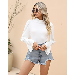 NATACATA Women's Mock Neck Turtleneck Long Sleeve Pullover Tops Bell Sleeve Blouse Casual Work Office Top White