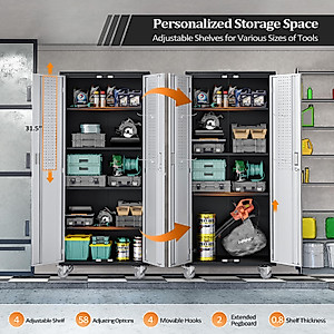 VINGLI 72'' Tall Garage Storage Cabinet, Metal Storage Cabinet with Wheels, Locking Doors and Adjustable Shelves (Black & Silver, 32''W x 16''D x 72''H)