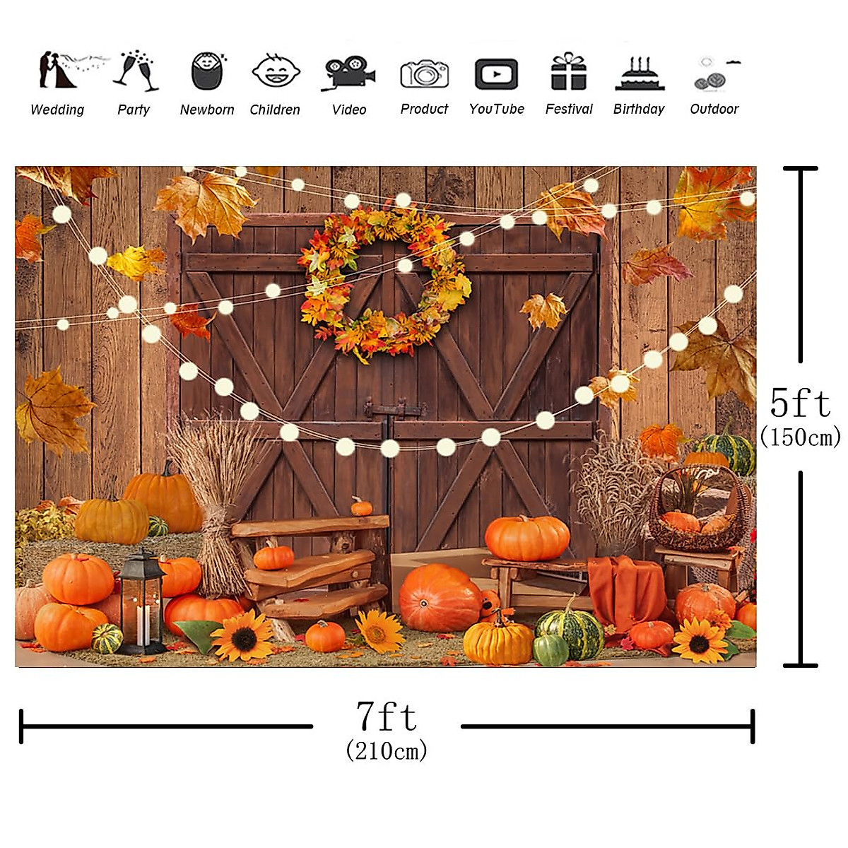 Aperturee 7x5ft Fall Thanksgiving Backdrop Rustic Barn Wood Door Harvest Autumn Pumpkins Maple Rural Door Wreath Decor Photography Background Kids Baby Portrait Party Decor Photoshoot Studio Props