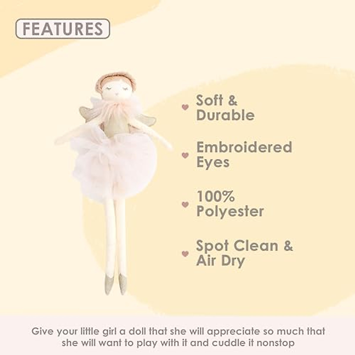 MON AMI Angel Stuffed Doll - 15", Soft Elegant Plush Doll for Little Girls, Use as Toy or Room Decor