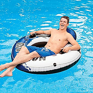 Intex River Run II Inflatable Double Rider Inntertube with Built-in Cooler and Cupholders with River Run I Single Floating Water Rafts (2 Pack)