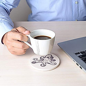 Octopus Coasters - Octopus Table - 6 Octopus Coasters for Drinks - Nautical Coasters Stone Absorbent Beige Ceramic 4.13 inch - Beach Theme - Coastal Coasters - Steampunk Coasters Set Gift