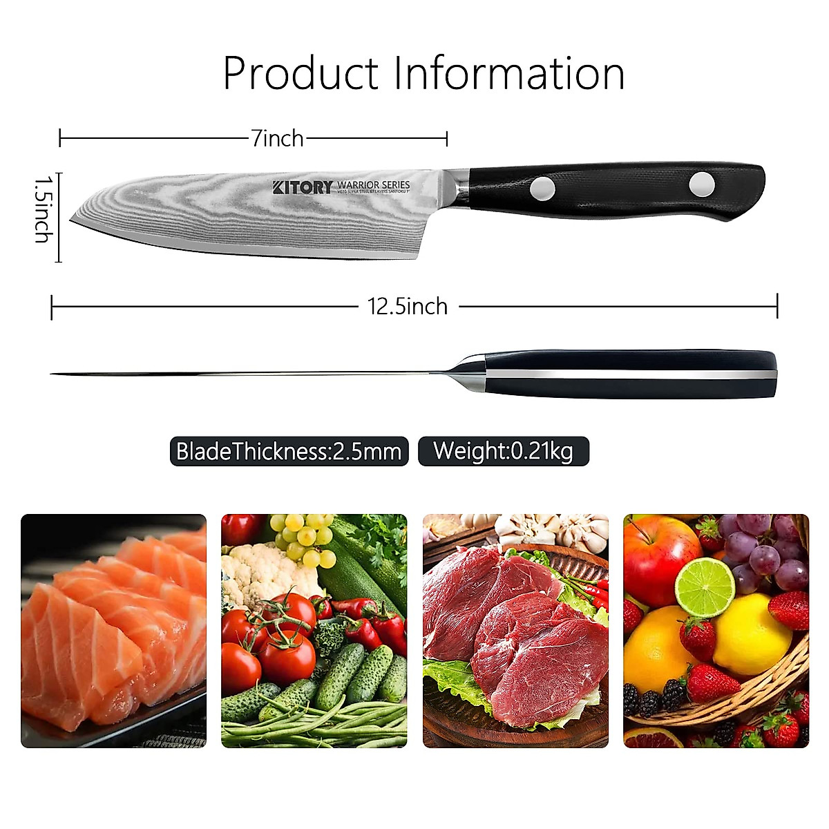 Kitory Damascus Santoku Knife 7", for bigger or larger hands, Japanese Kitchen Knife with VG10 67 Layers Super Steel- Black G10 Handle-Gift Box Included, 2024 Gifts For Women and Men