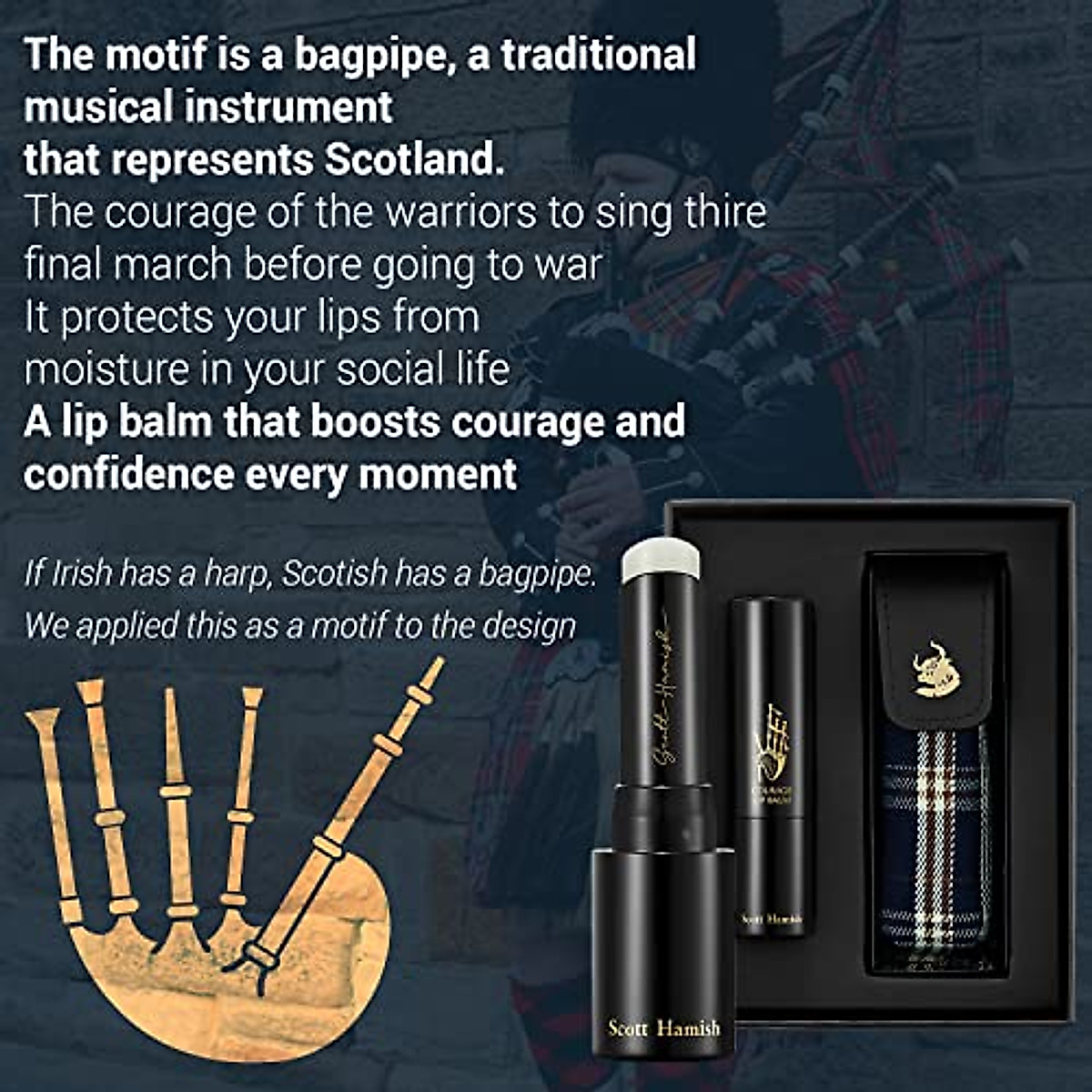 Scott Hamish Courage Lip Balm & Case Gift Set - Pure Cowhide Leather Chapstick Holder with Hydrating Lip Balm for Dry Cracked Lips - Flavored Lip Balm & Lip Balm Holder Gift Set for Men